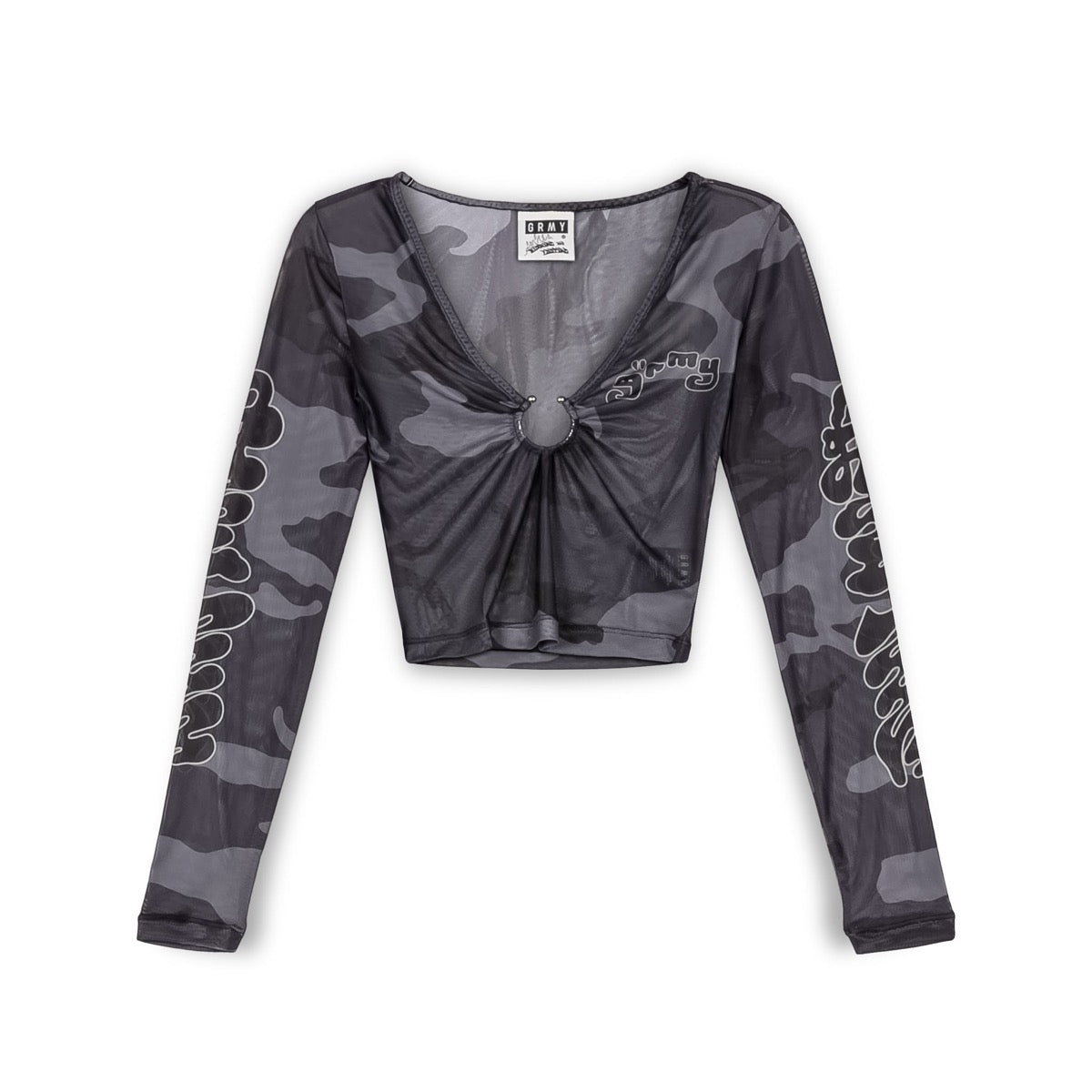 TOPS GRIMEY TUSKER TEMPLE MICRO MESH GIRL LONG SLEEVE CROP TOP BLACK ...